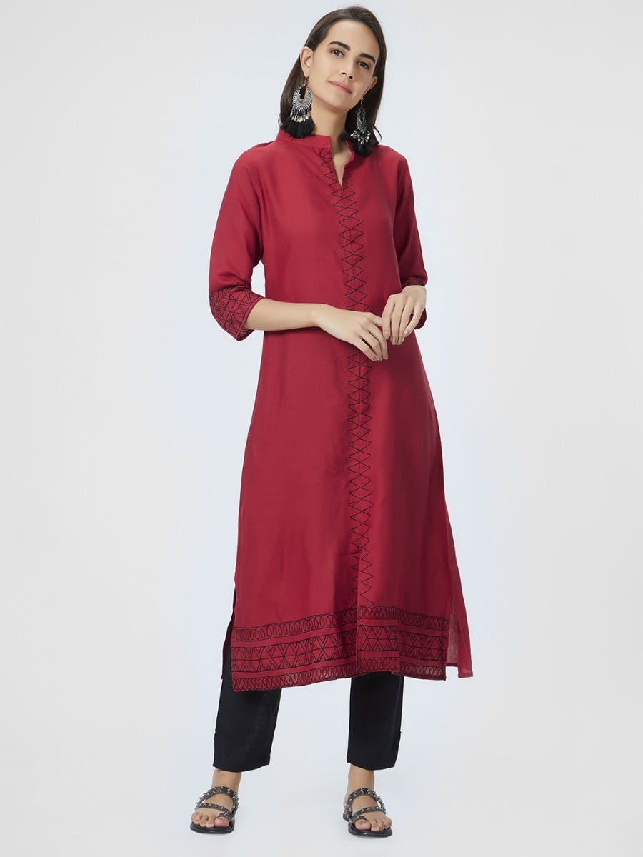 Get Zig-Zag Embroidered Maroon Tunic at ₹ 1329 | LBB Shop