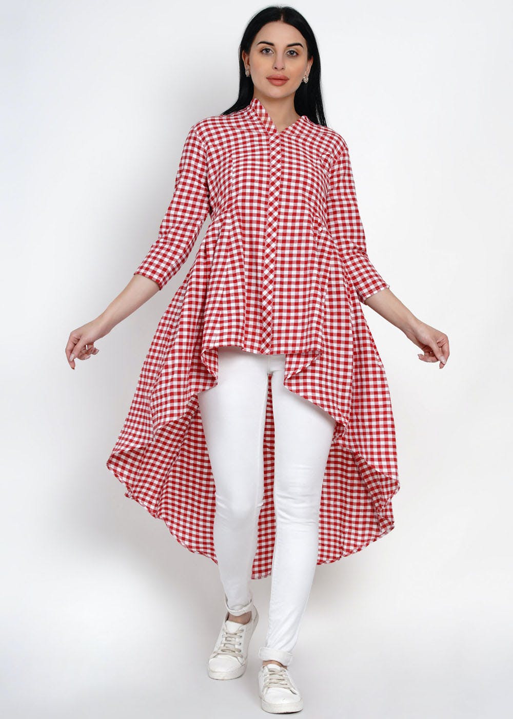 Get Red & White Windowpane Checkered High Low Button Down Tunic at ...