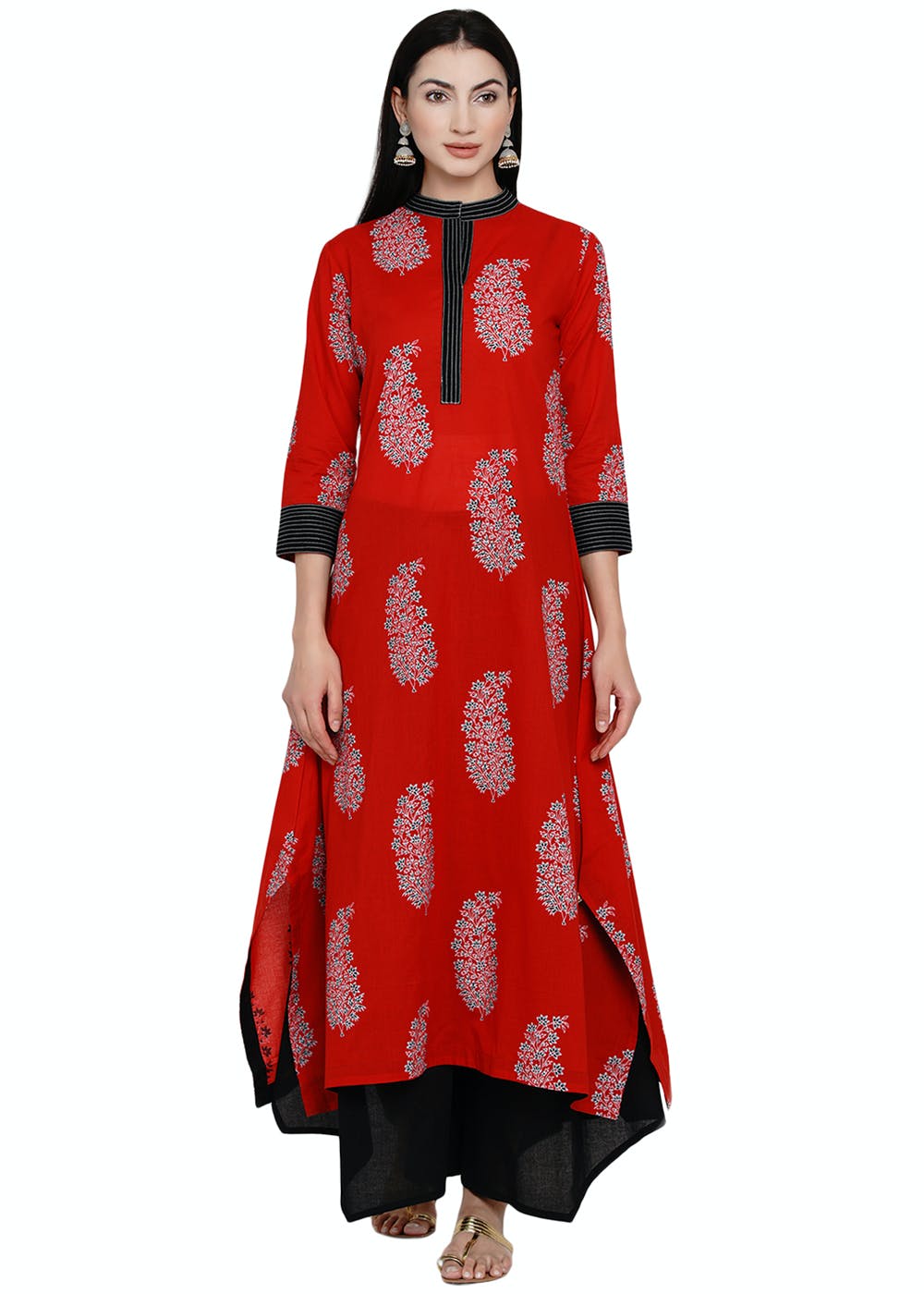Get Floral Printed Red Asymmetrical Kurta With Black Asymmetrical ...