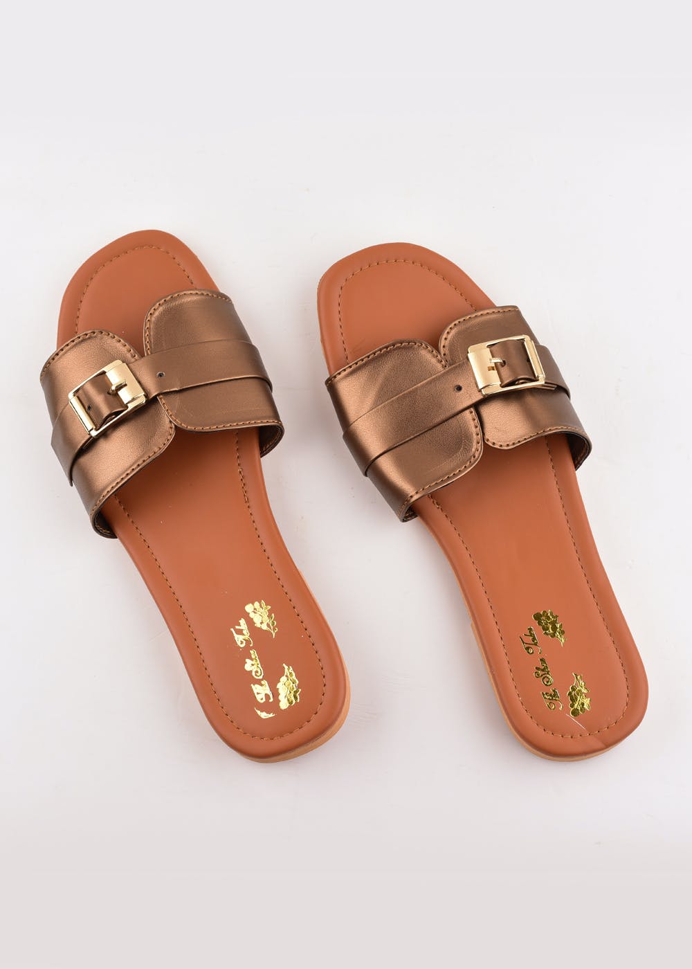 Get Buckled H-Strap Detail Copper Slides at ₹ 1500 | LBB Shop