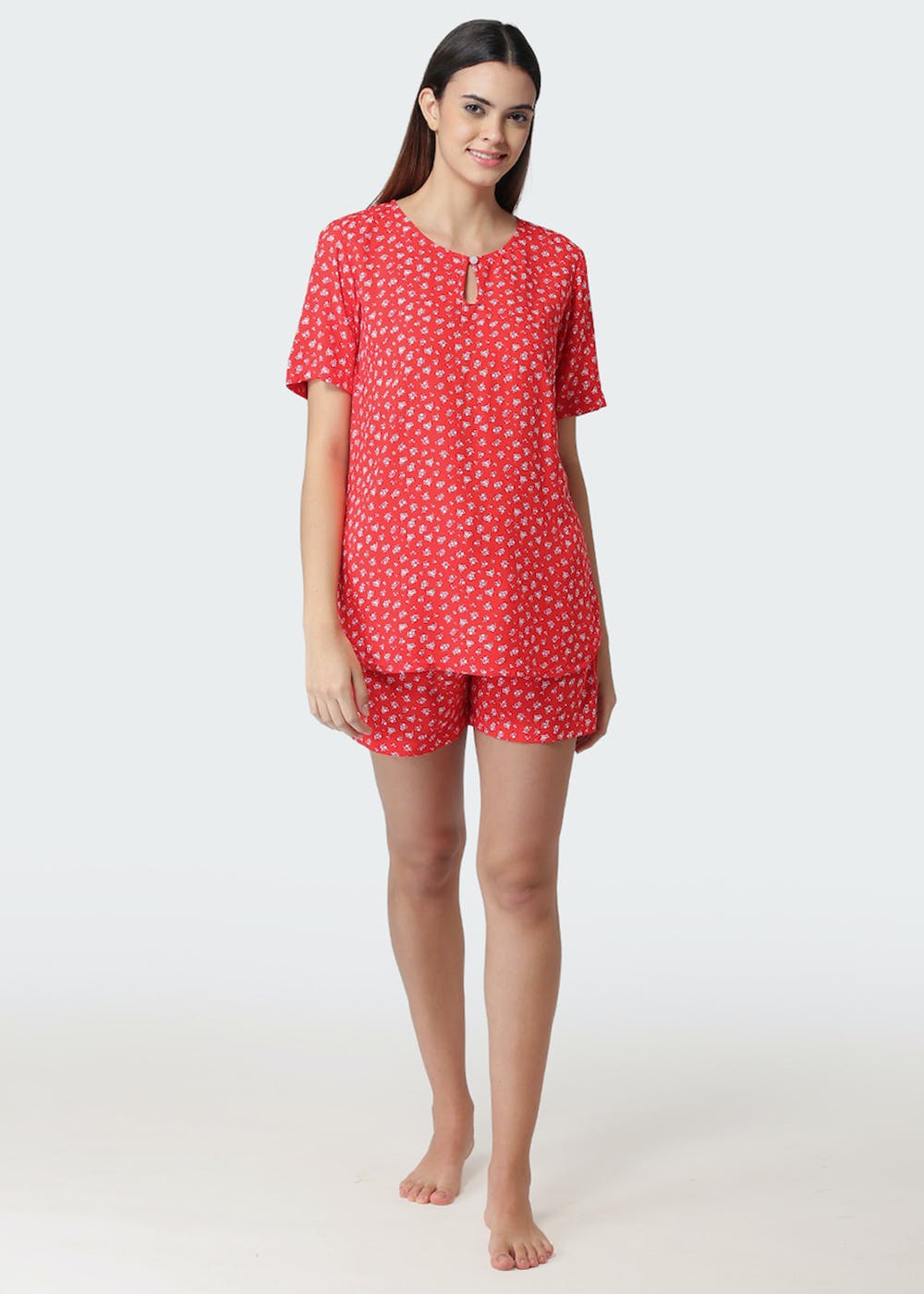 Get Floral Printed Keyhole Neck Red Nightsuit Shorts Set at ₹ 999 | LBB ...