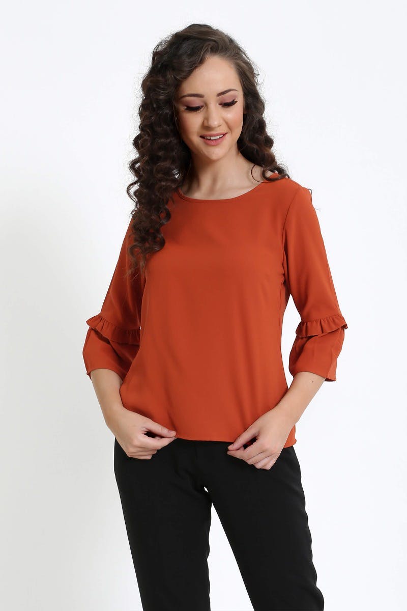 Get Layered-Frill-Sleeve-Tangerine-Top at ₹ 1800 | LBB Shop