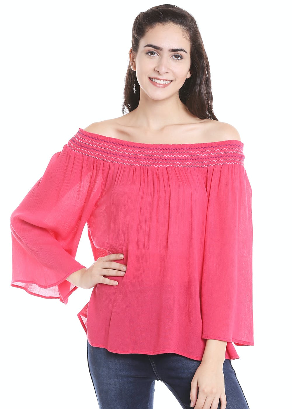 Get Scrunch Off Shoulder Detail Pink Full Sleeves Top at ₹ 720 | LBB Shop