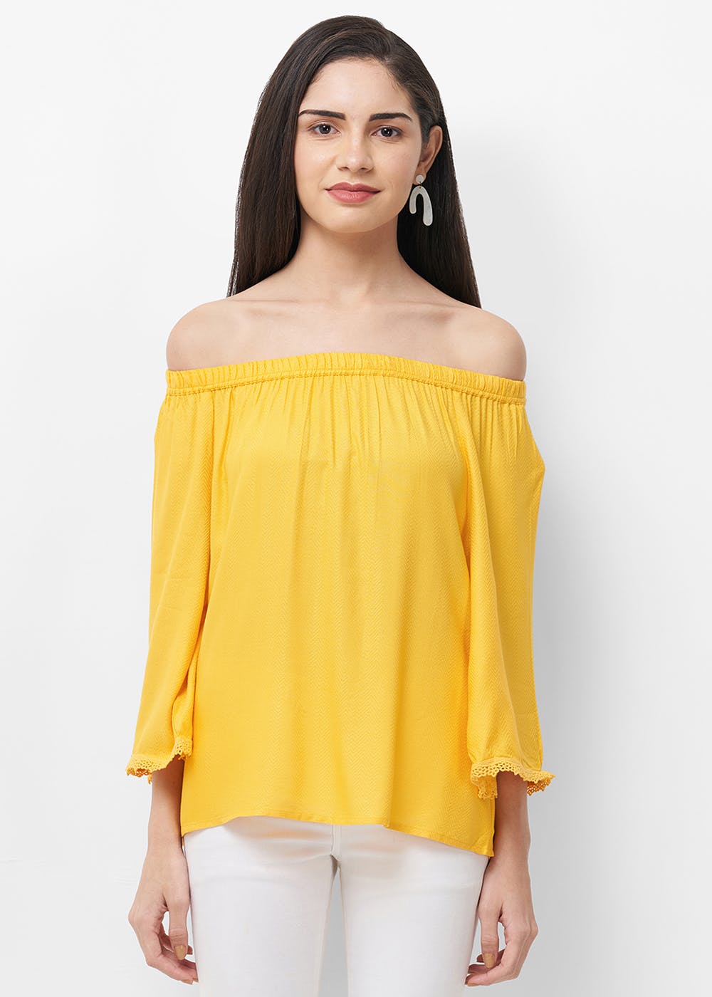 Get Lace Sleeve Trim Detail Yellow Off-Shoulder Top at ₹ 450 | LBB Shop