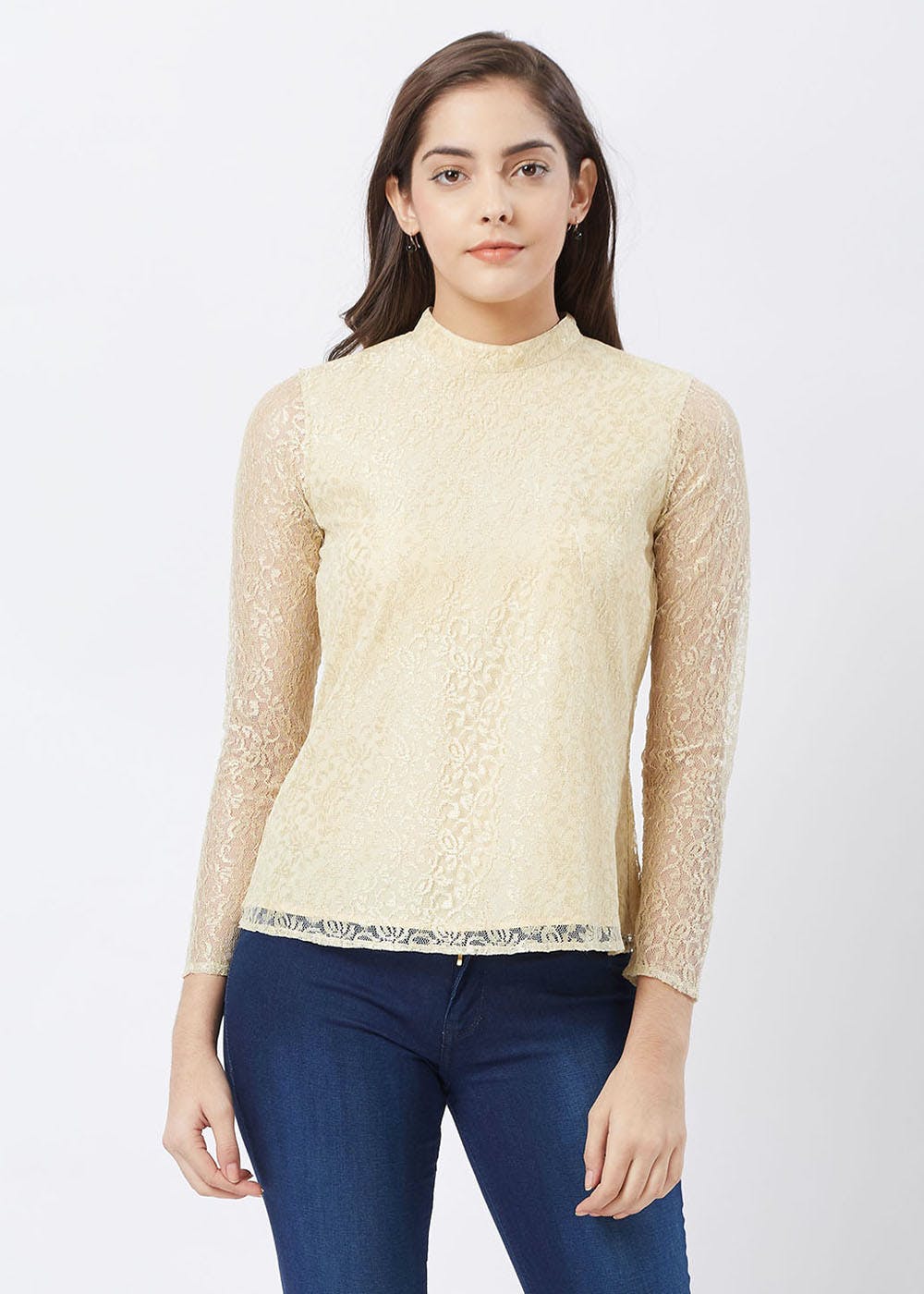Get Floral Lace Detail Gold Full Sleeves Top at ₹ 675 | LBB Shop