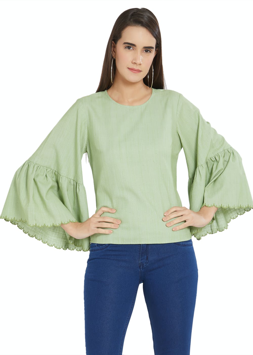 Get Scallop Trim Flared Sleeve Detail Green Top at ₹ 450 | LBB Shop