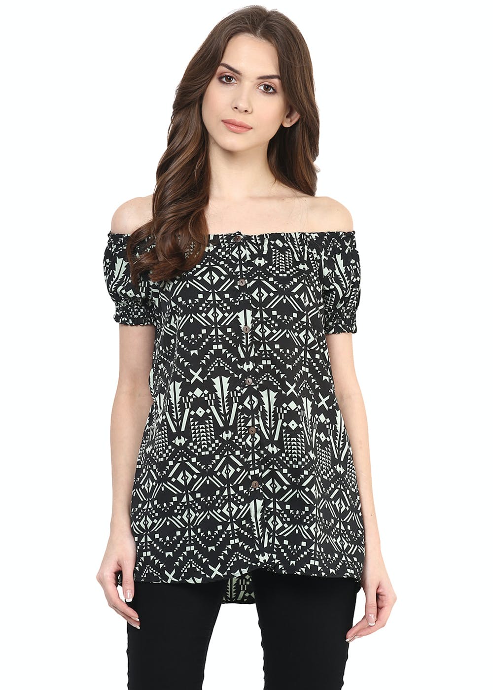 Get Scrunch Off Shoulder Detail Black Printed Top at ₹ 599 | LBB Shop