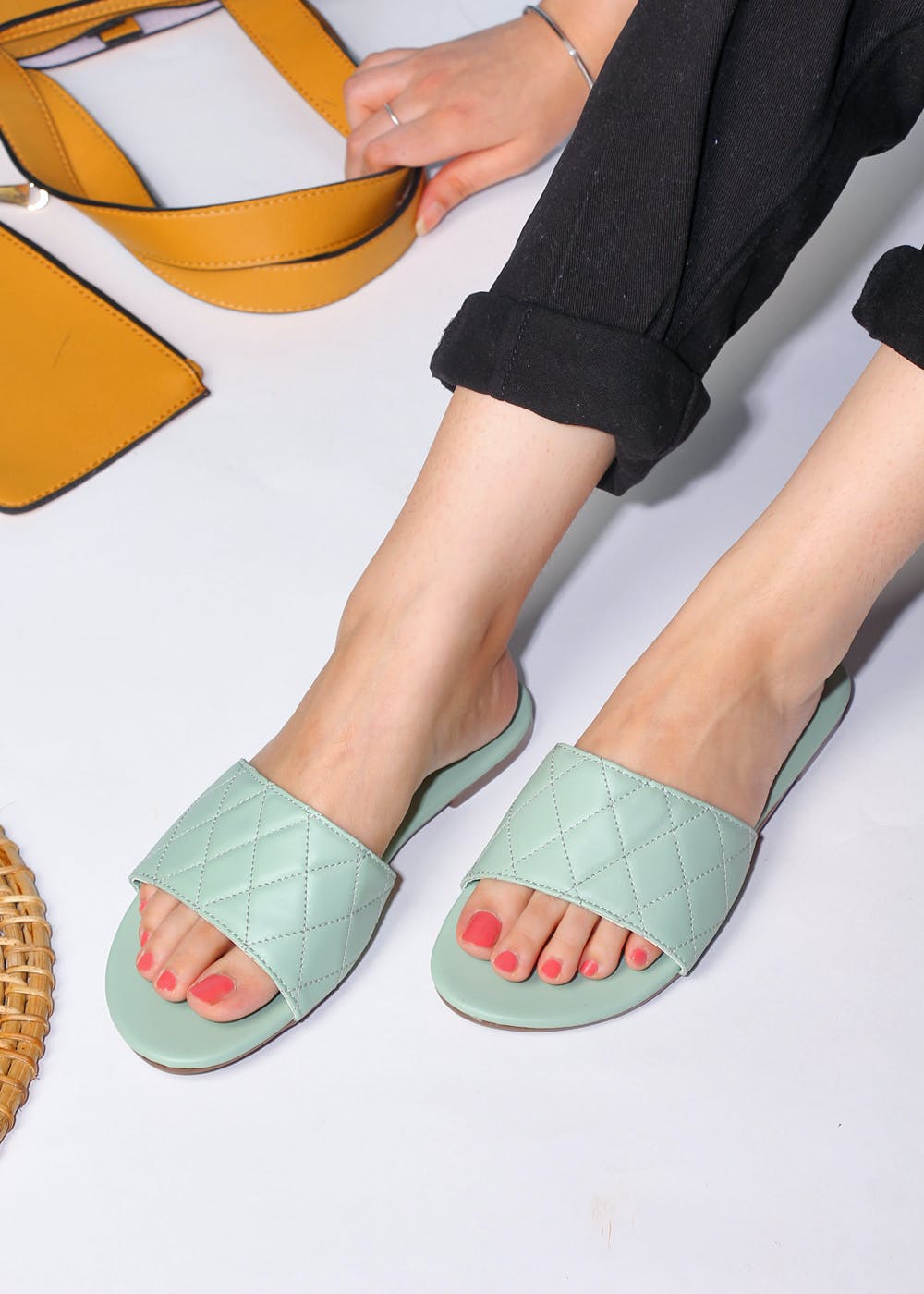 Get Quilted Stitch Pattern Detail Green Slides at ₹ 449 | LBB Shop