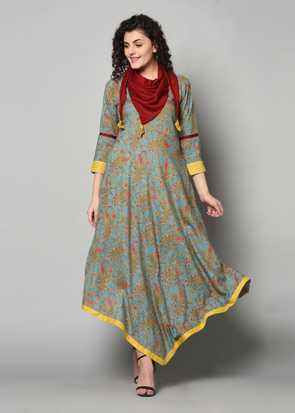 Get Piping Detail Asymmetrical Hem Printed Green Maxi Dress At ₹ 1799