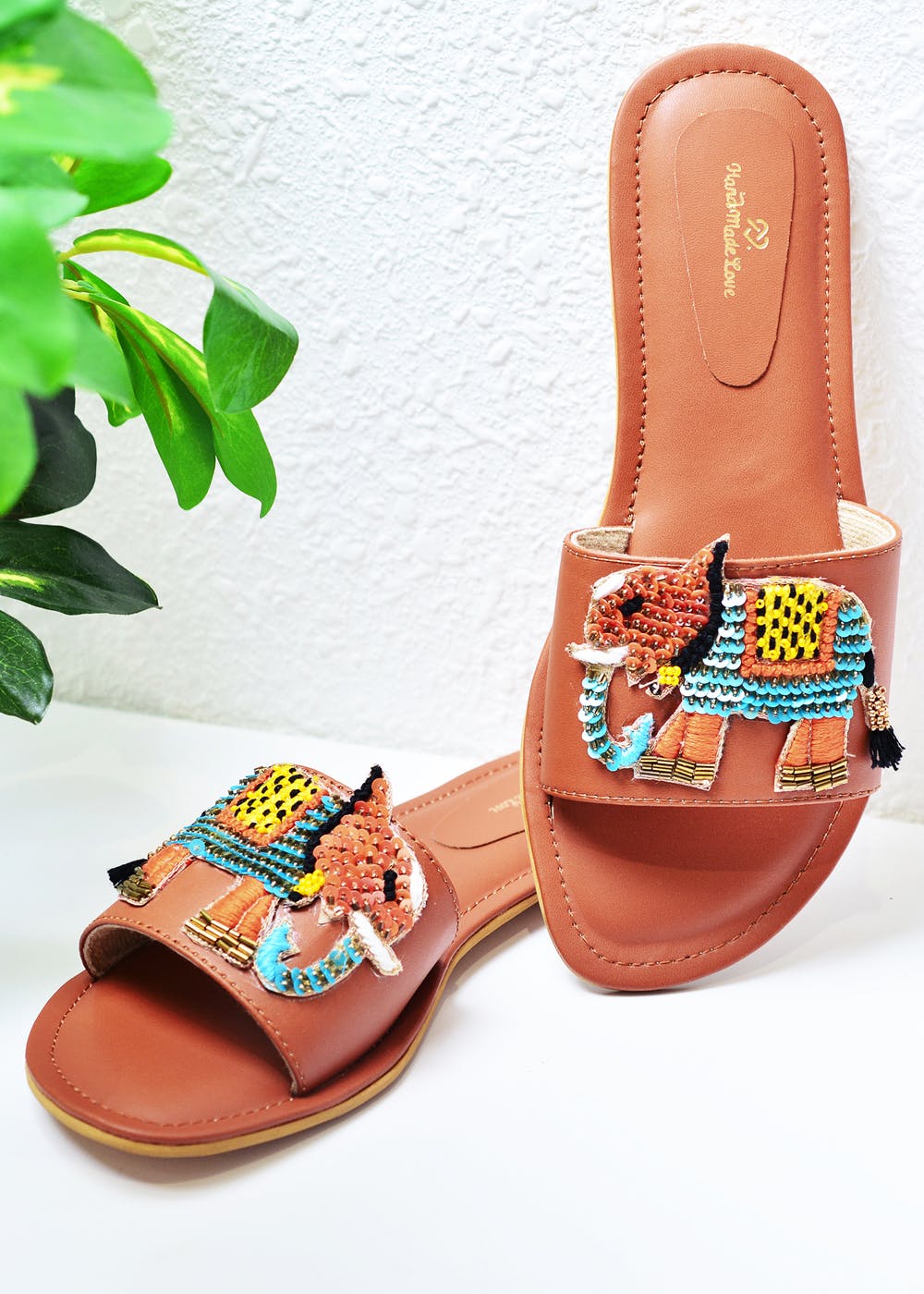 Get Elephant Embroidered Tan Slides at ₹ 1550 | LBB Shop