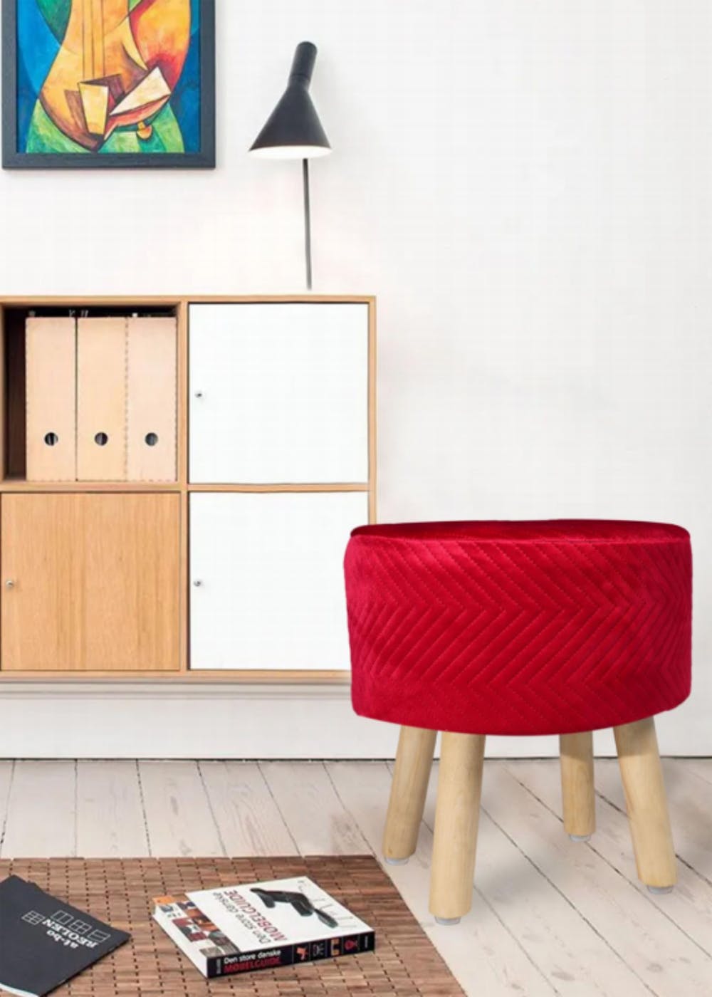 Get Contemporary Velvet Ottoman Red at ₹ 2999 | LBB Shop