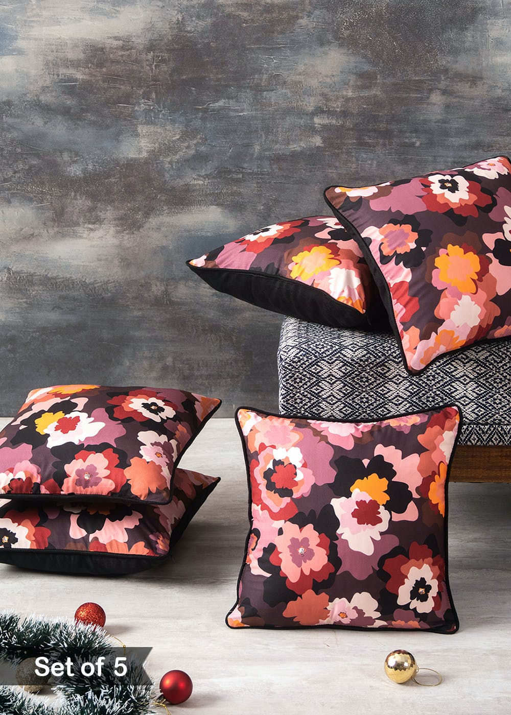 Get Black Floral 12 Inch Cushion Cover (Set Of 5) For Living Room ...