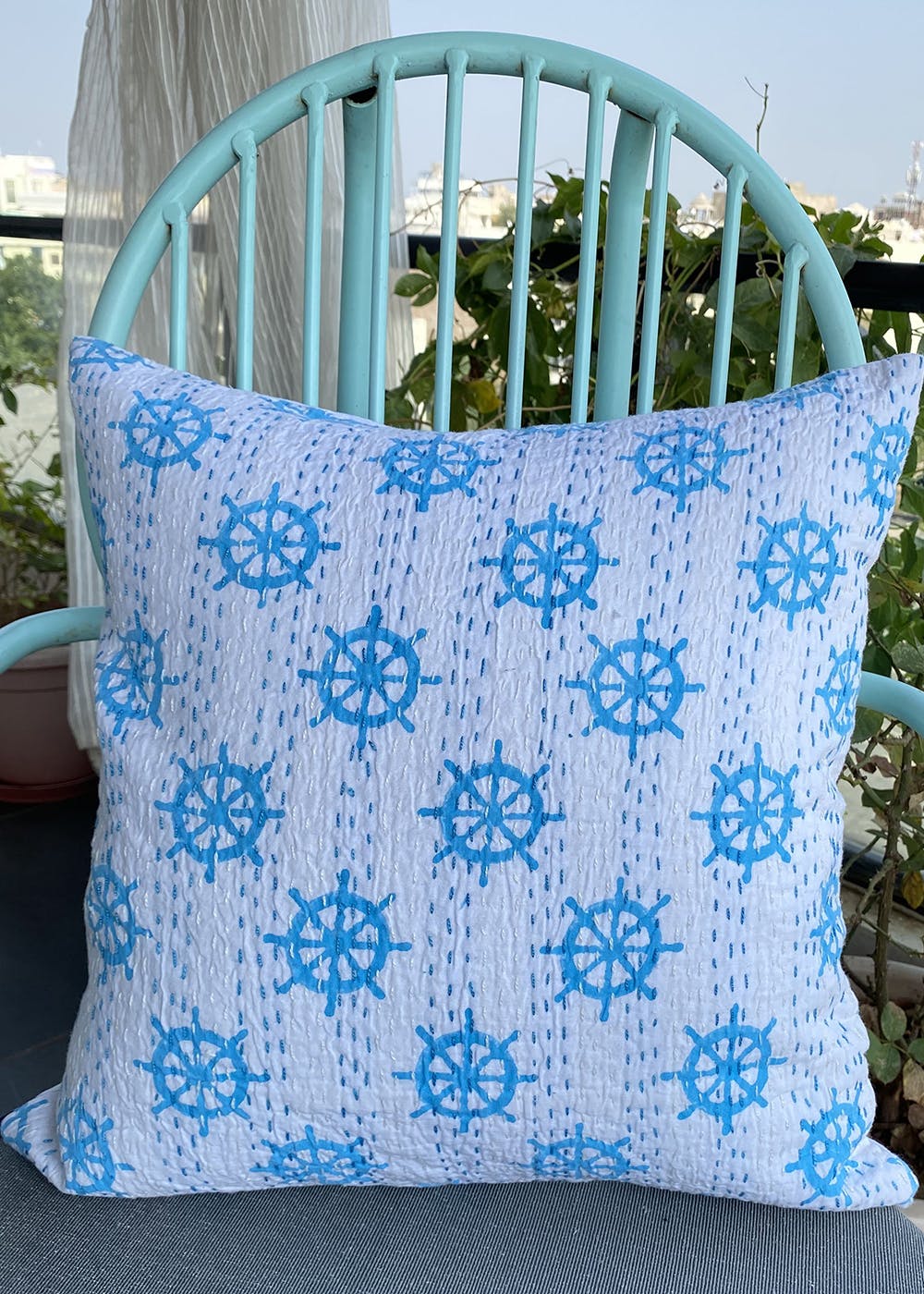 Get Sky Blue Wheel Handblock Kantha Stitch Cushion Cover at ₹ 399 | LBB ...