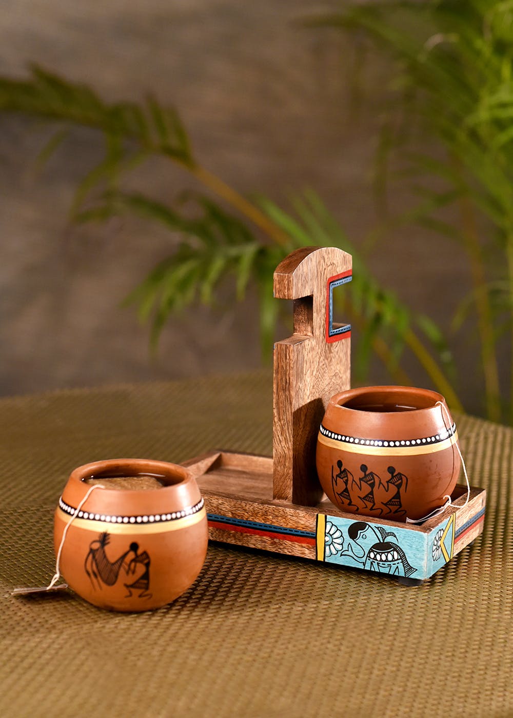 Get Warli Handpainted Terracotta Kullad with Wooden Holder Stand at ...