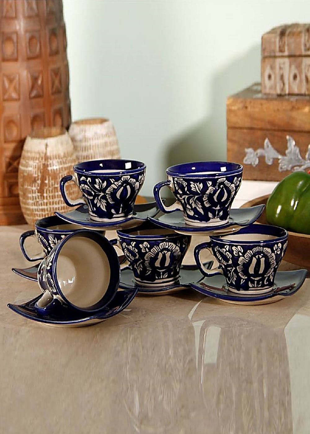 Get Blue Ceramic Handpainted Mughal Design Cup Saucer Set at ₹ 1399 ...