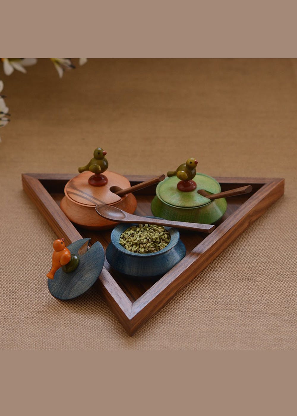 Get Wooden Triangular Jar Set with Base Tray and Spoon at ₹ 1299 | LBB Shop