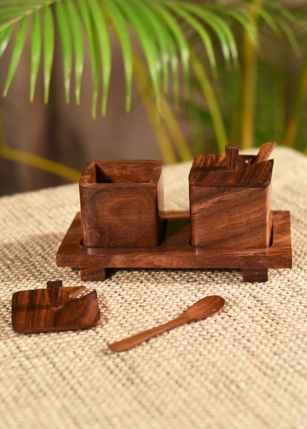 Get Handcarved Brown Refreshment Jar Set With Wooden Spoon & Tray at ...