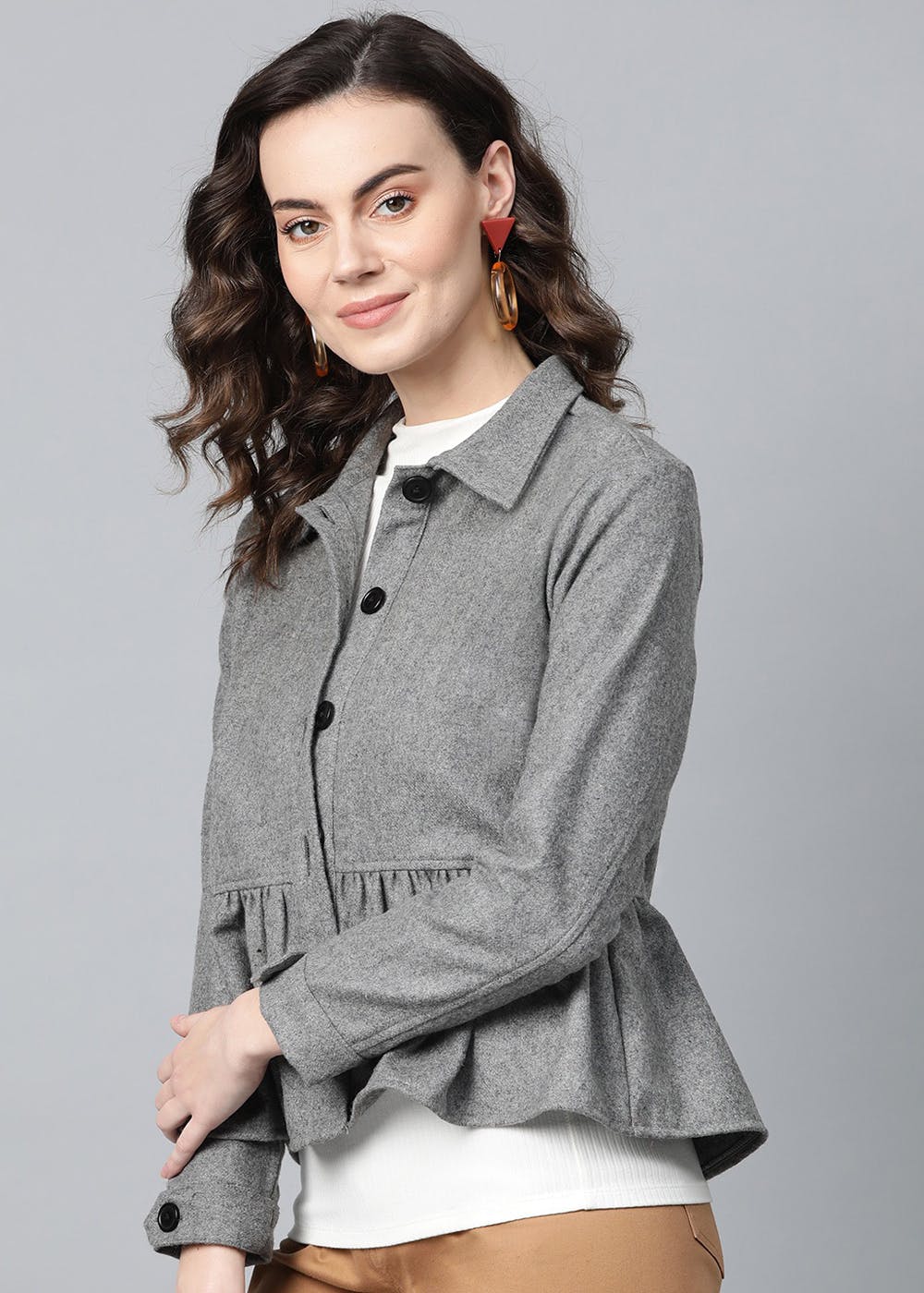 Get Grey Solid Frilled Hem Jacket at ₹ 1000 | LBB Shop