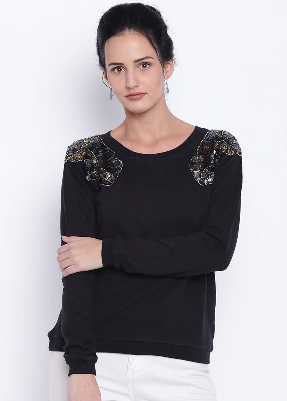 Get Beaded Pattern Shoulders Detail Black Sweatshirt at ₹ 880 | LBB Shop
