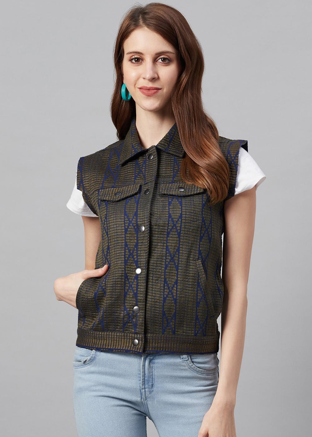 Get Self Printed & Geometric Printed Sleeveless Jacket at ₹ 920 | LBB Shop