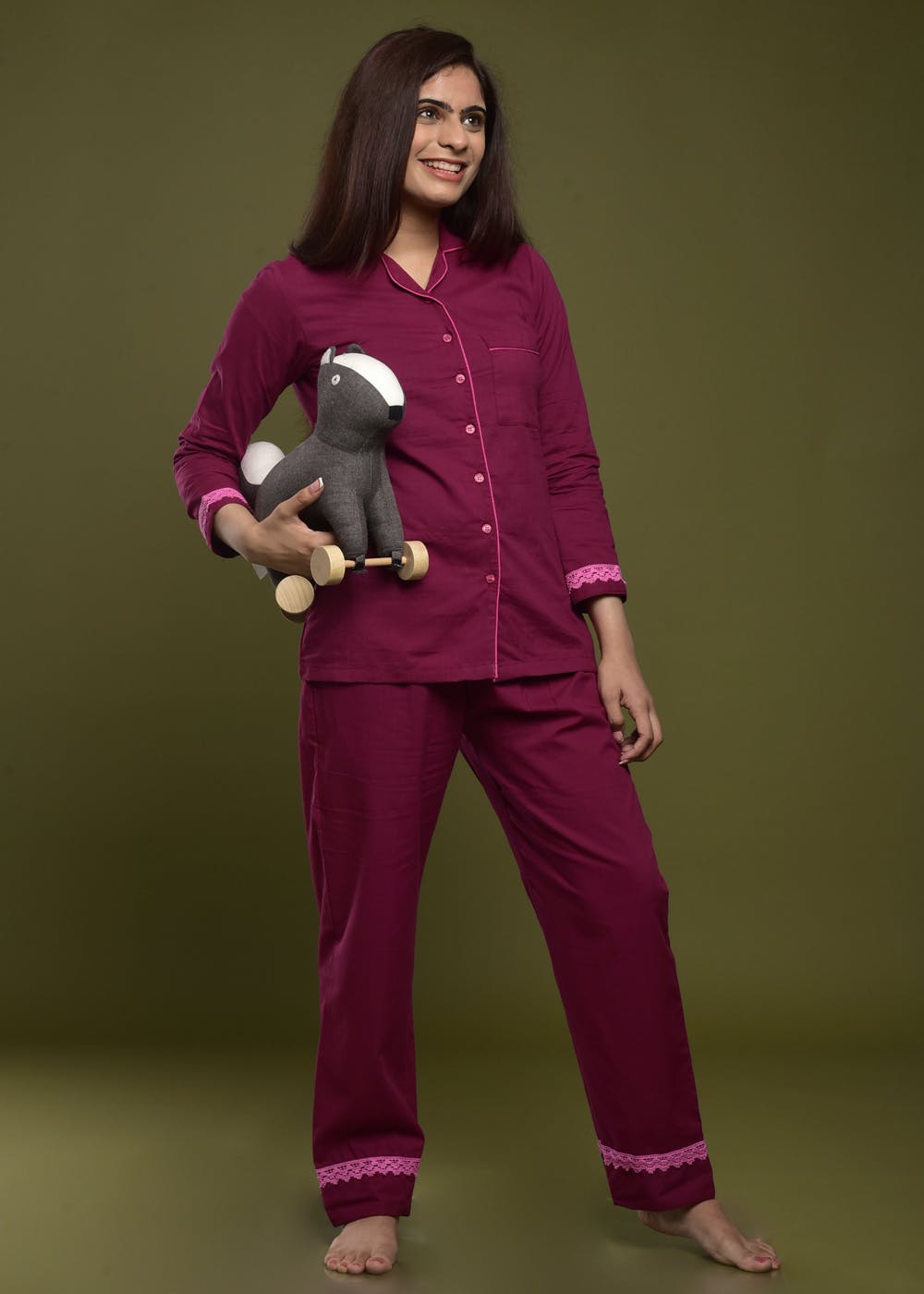 Get Contrast Piping Detail Wine Nightsuit Set at ₹ 1199 | LBB Shop