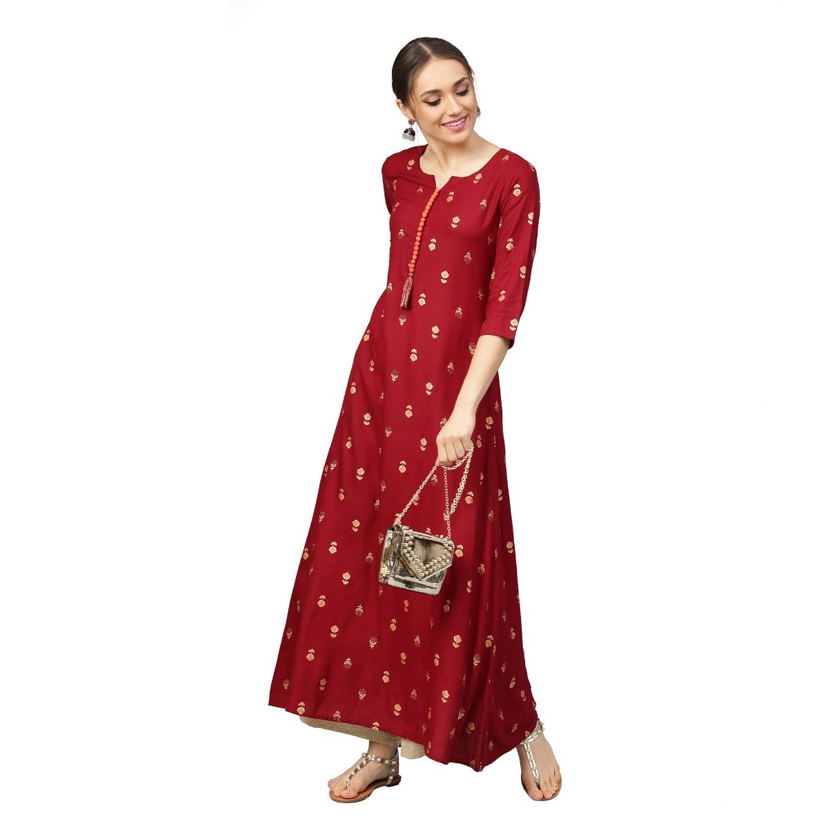 Get Gold Detail Flare Deep Red Dress at ₹ 1249 | LBB Shop