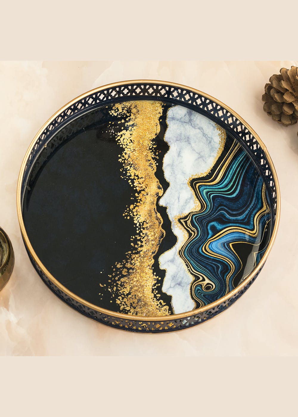 Get Royal Blue Abstract Print Round Tray Medium at ₹ 1699 | LBB Shop