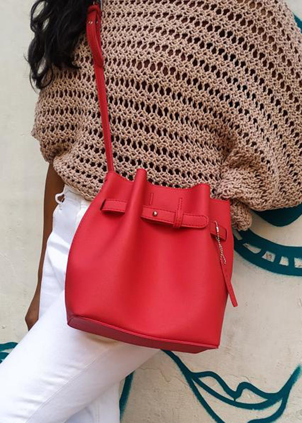 Get Drawstring Detail Solid Red Bucket bag With Pouch at ₹ 1290 | LBB Shop