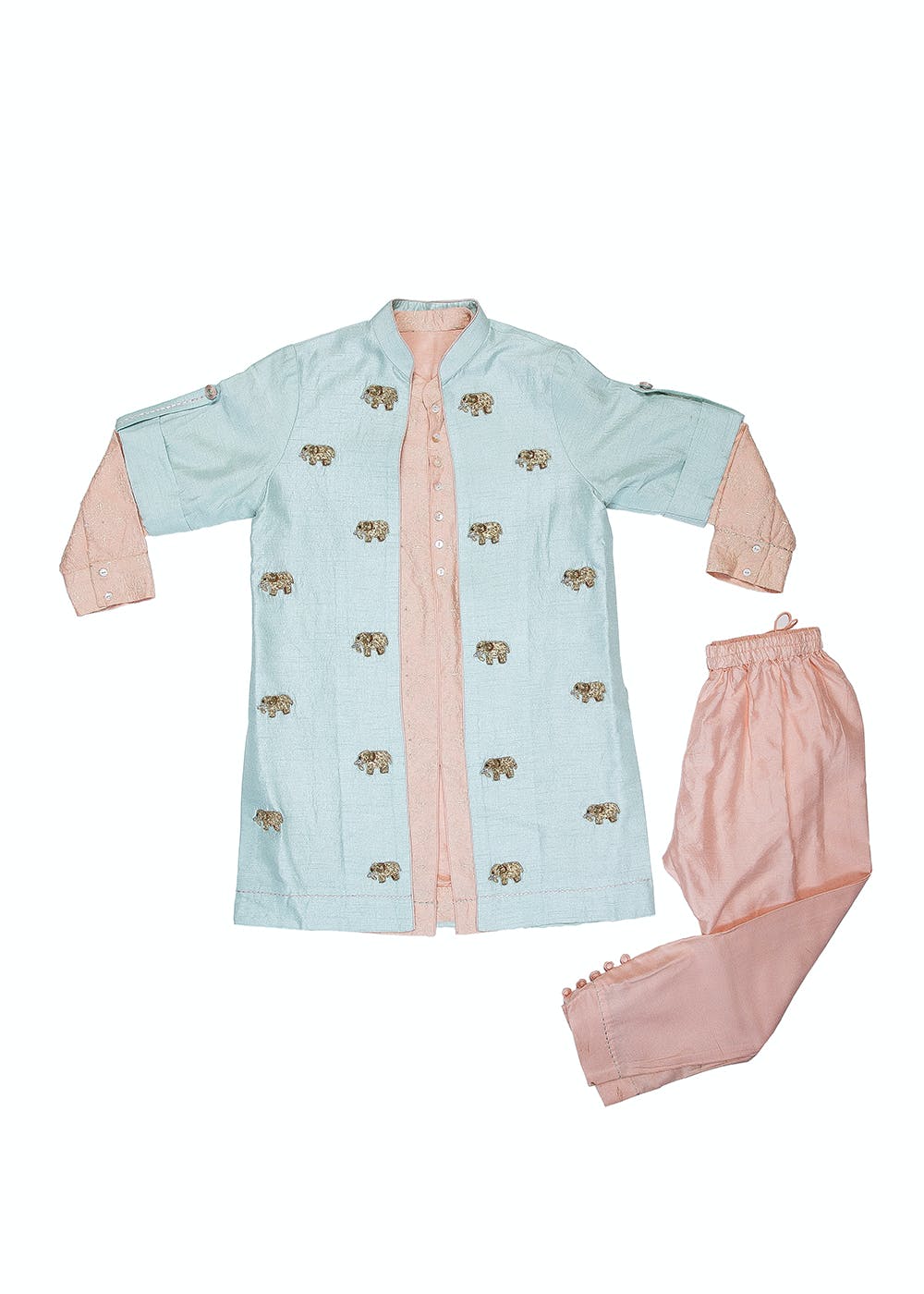 Get Monotone Kurta Pyjama With Blue Elephant Embellished Jacket Set at ...