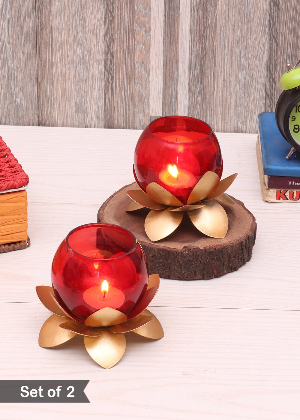 Get Red Glass Lotus Tea Light Holder - Set of 2 at ₹ 929 | LBB Shop