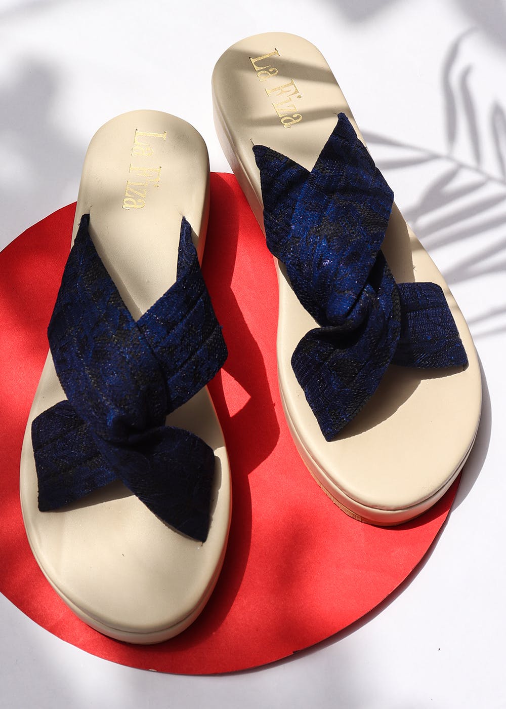 Get Navy Blue Criss Cross Lace Strap Cream Slides at ₹ 999 | LBB Shop