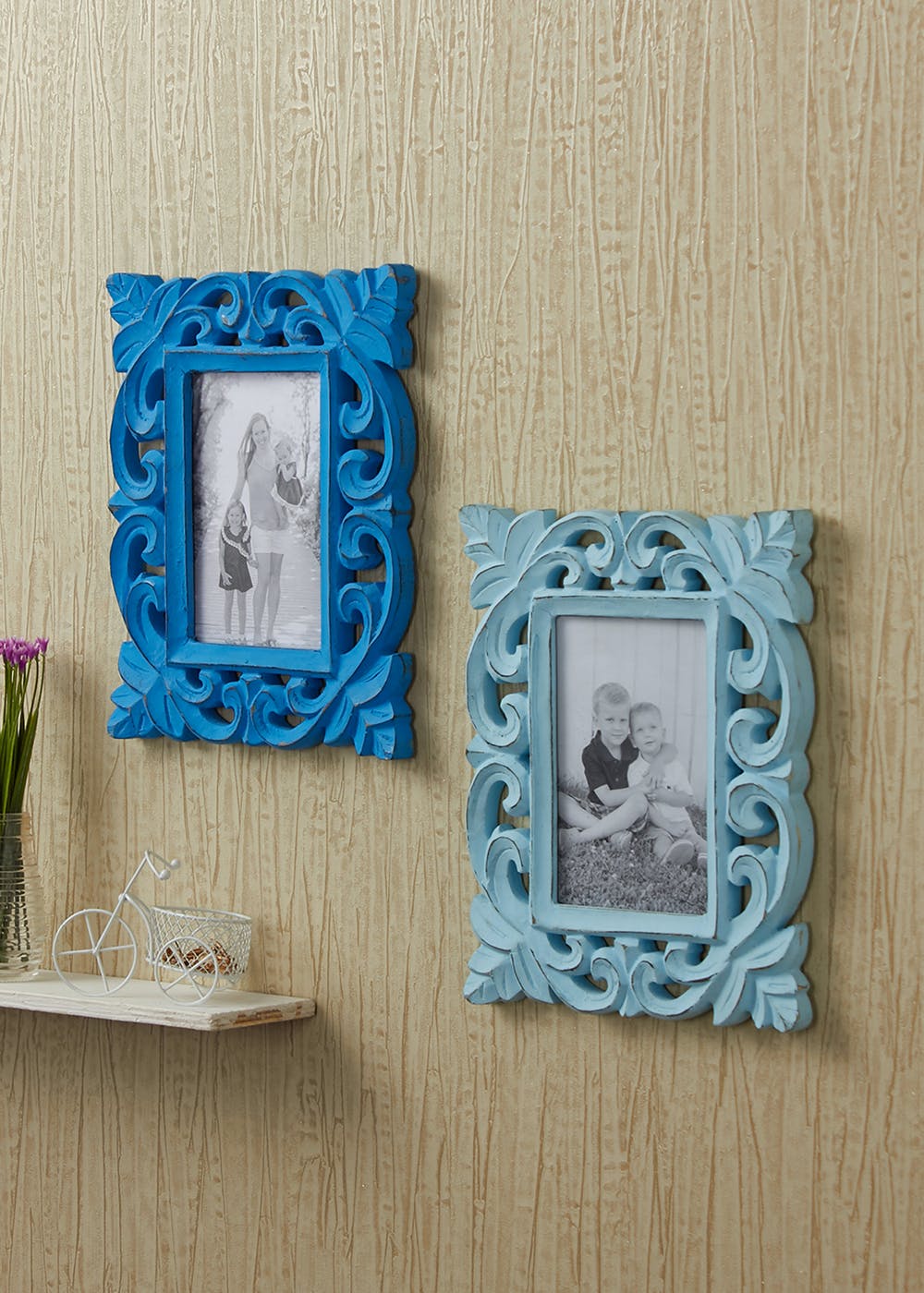 Get Set of 2 Wall Hanging Wooden Carved Photo Frame (Dark Blue, Light ...