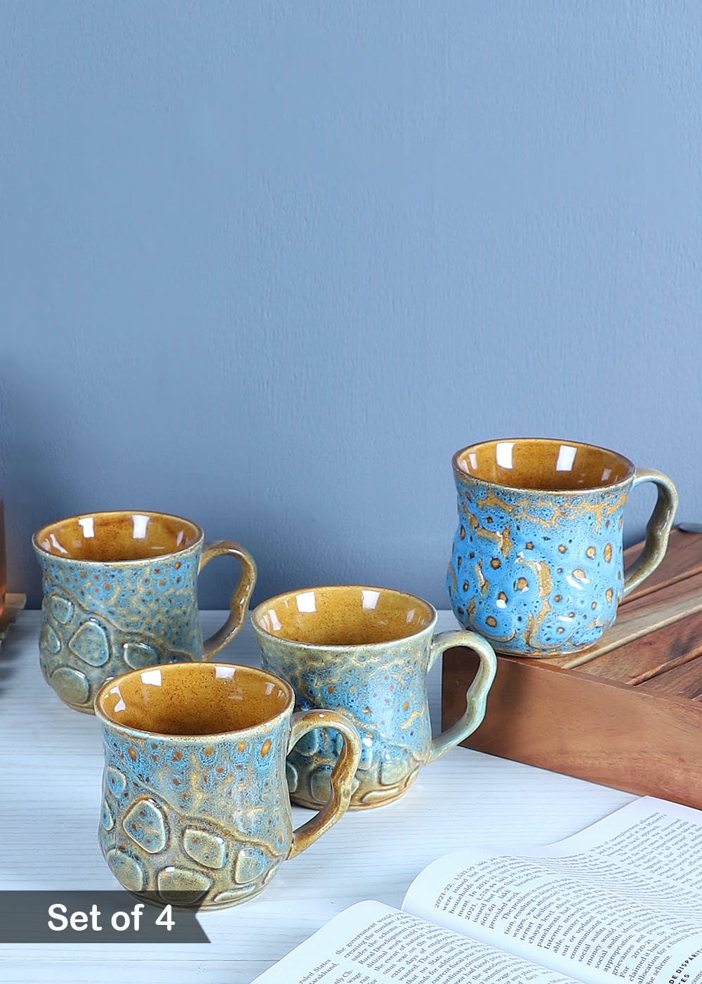 Get Blue And Mustard Ceramic Mugs - Set of 4 at ₹ 698 | LBB Shop