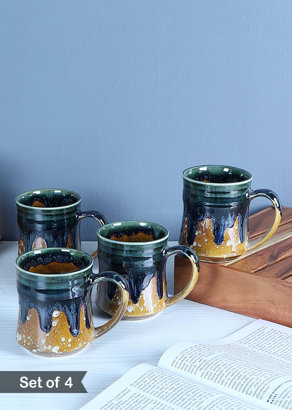 Get Blue And Beige Ceramic Mugs - Set of 4 at ₹ 698 | LBB Shop