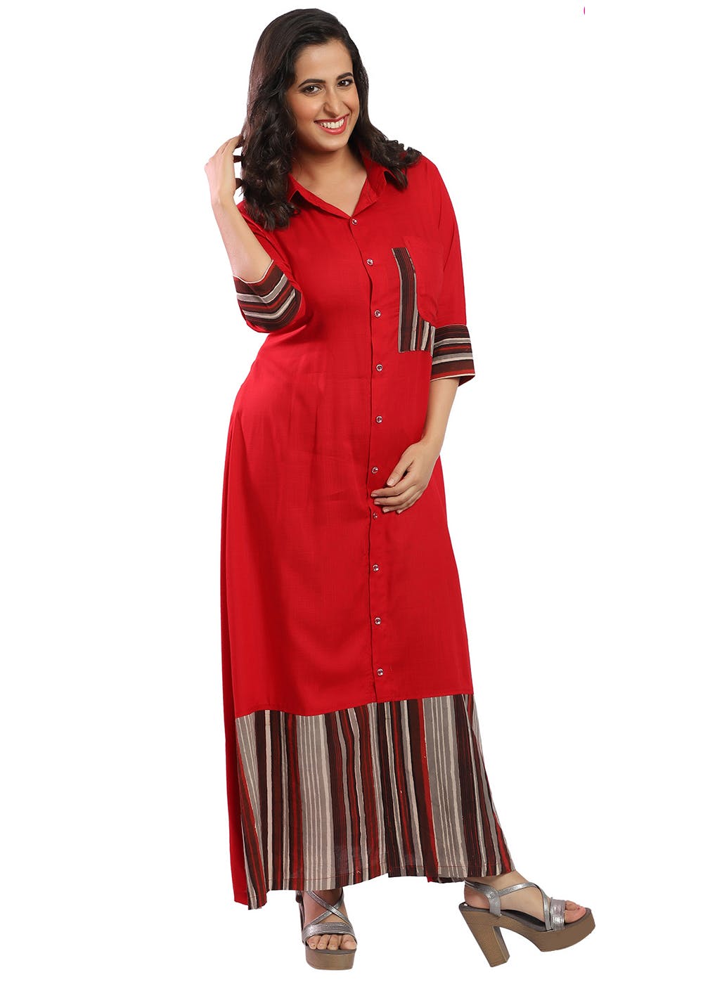 Get Striped Patch Detail Red Button Down Dress at ₹ 1680 | LBB Shop