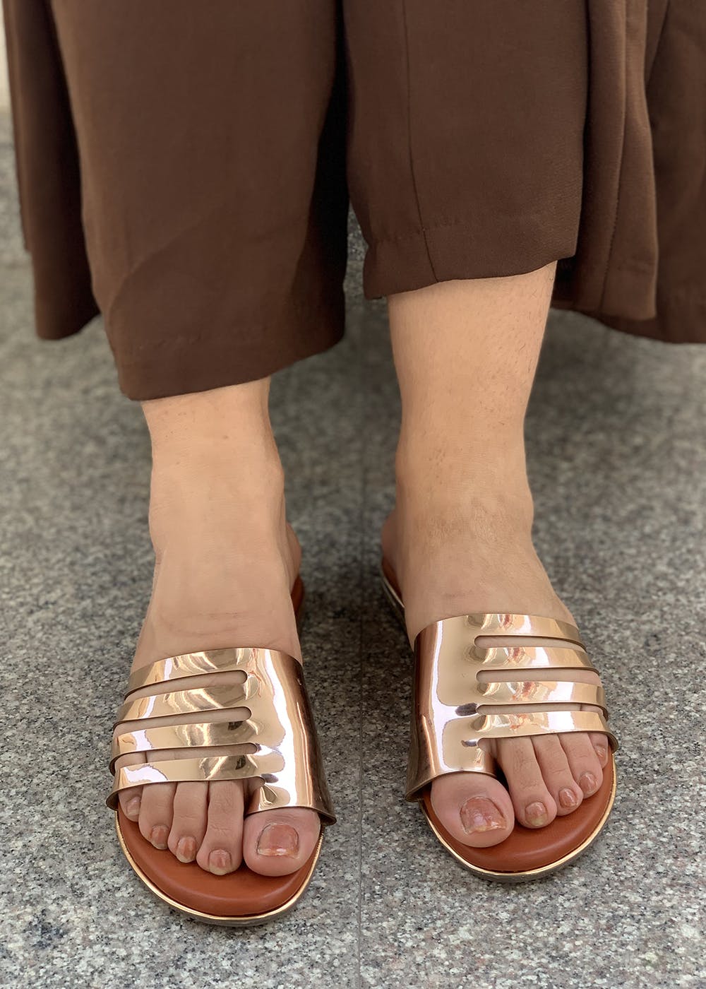 Get One Toe Braod Strapped Rose Gold Slides at ₹ 750 | LBB Shop