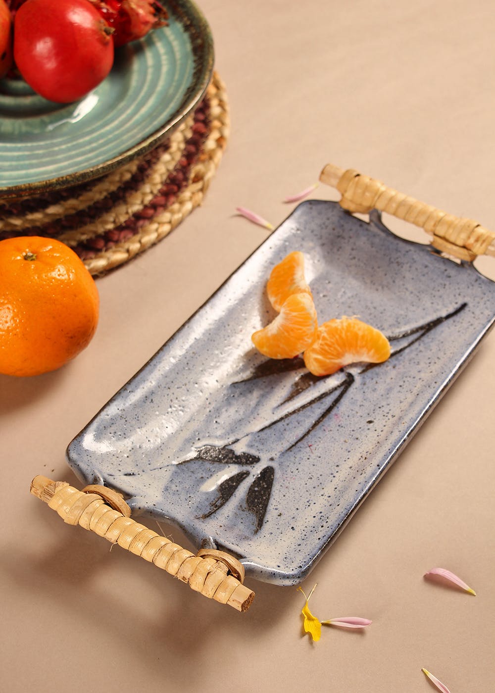 Get Studio Pottery Blue Rectangular Platter with Cane Handle at ₹ 2338 ...