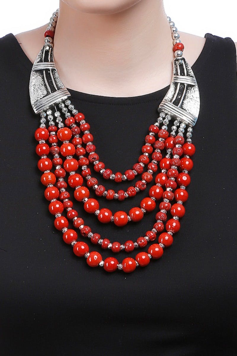 Get Layered Red Bead Metal Necklace at ₹ 792 | LBB Shop