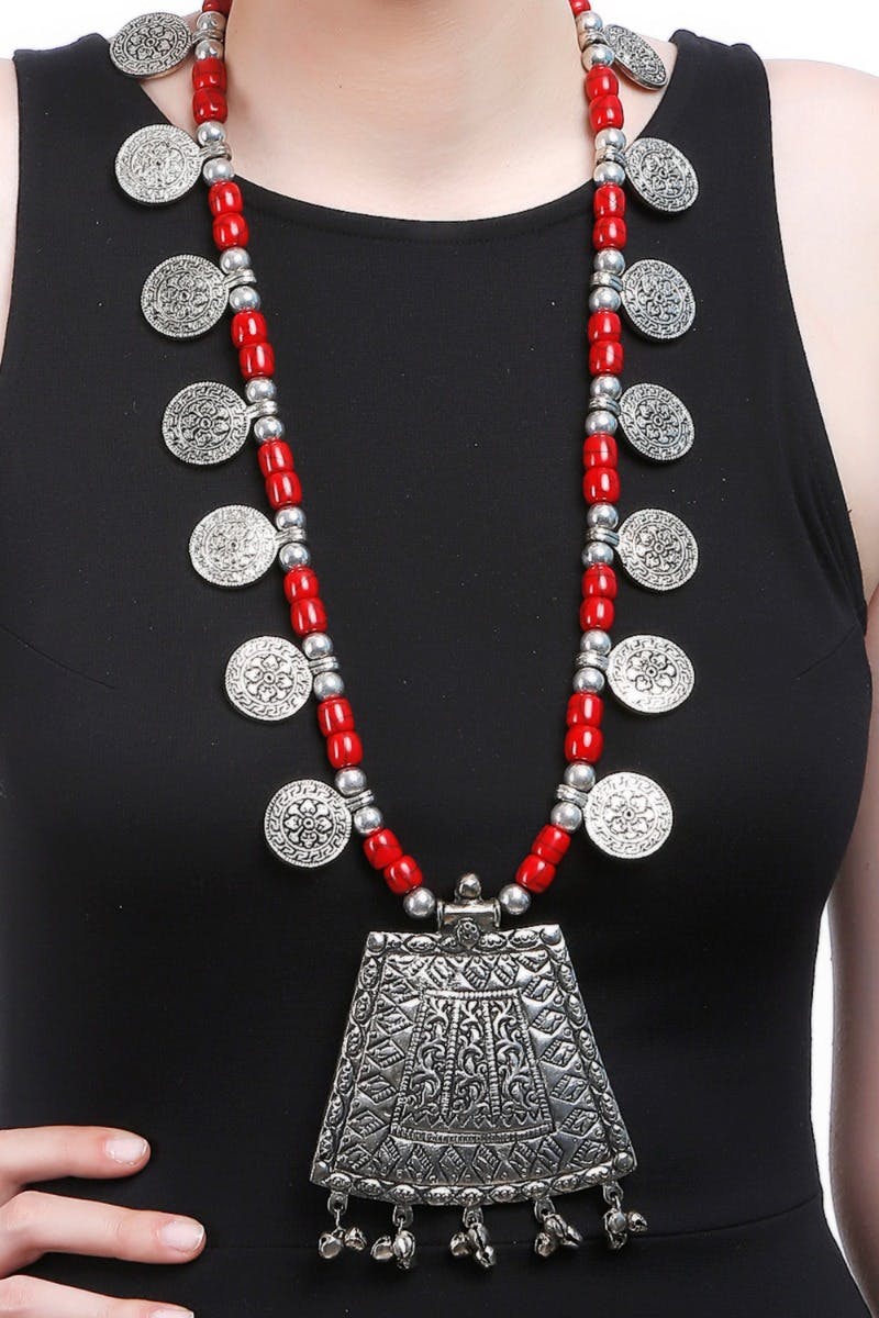Get Engraved Metal & Red Bead Coin Necklace at ₹ 792 | LBB Shop