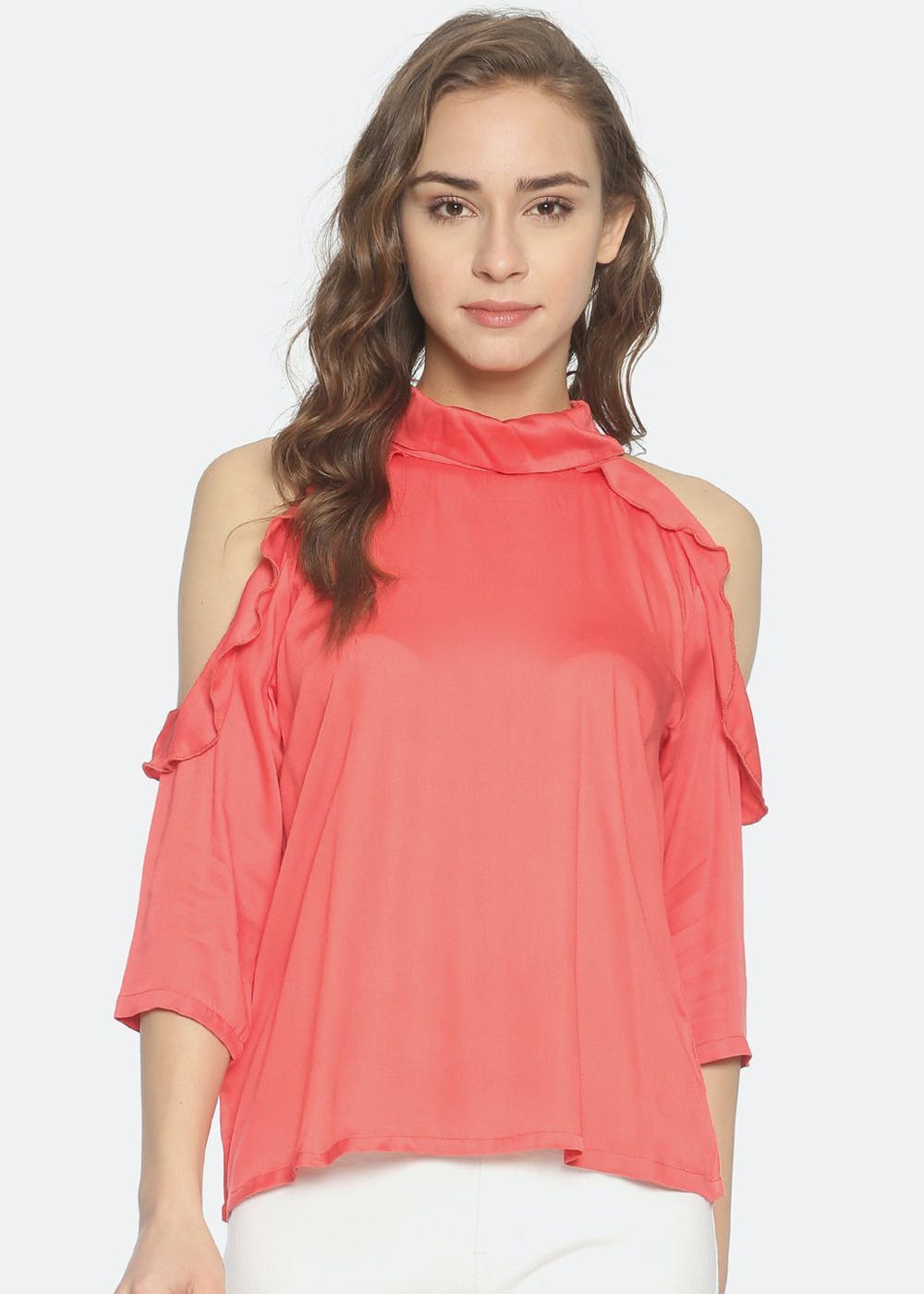 Get Classic Ruffled Cold Shoulder Solid Top at ₹ 1095 | LBB Shop