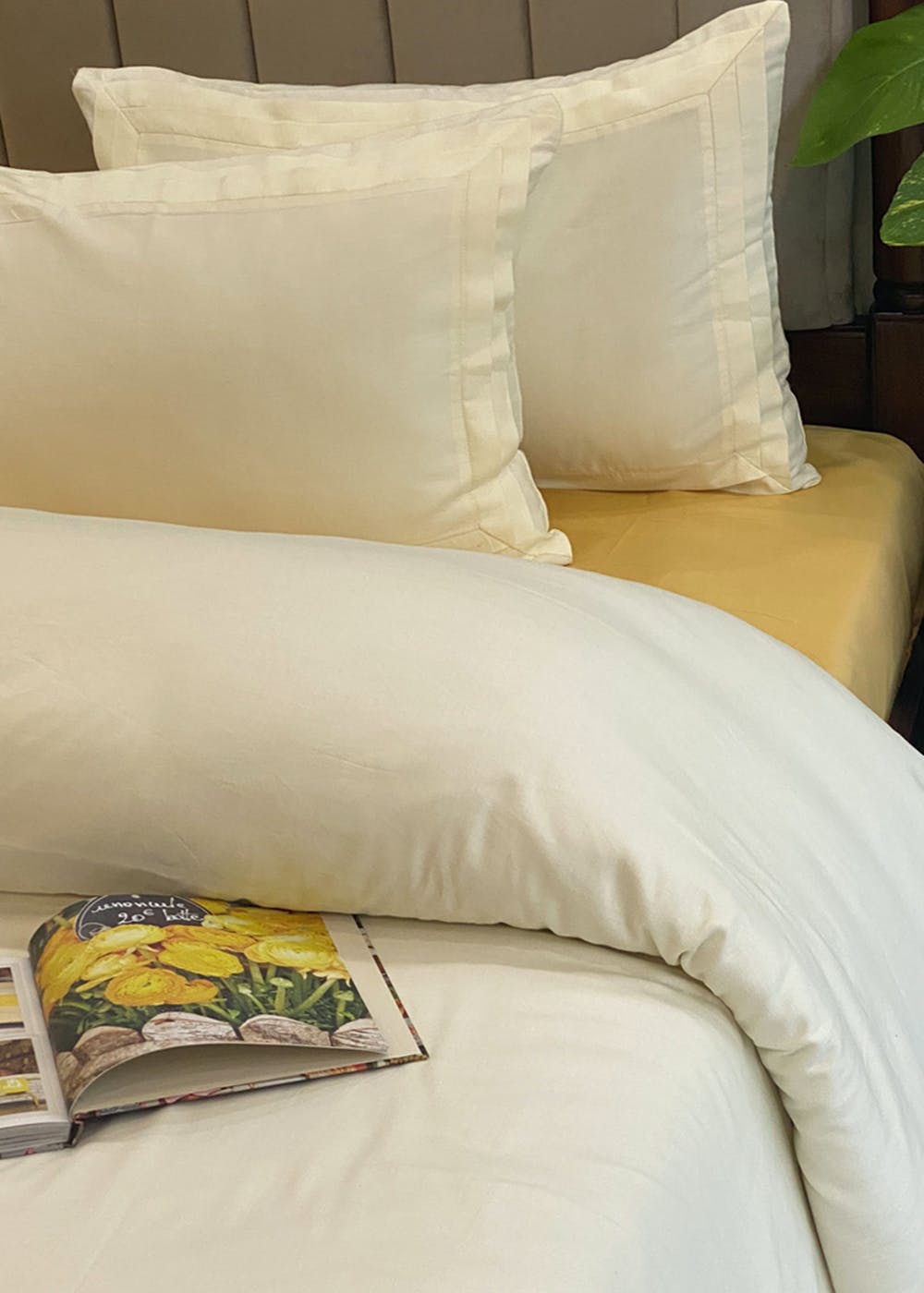 Get Tri Pleat Detail Ivory & Yellow Duvet Set at ₹ 8999 | LBB Shop