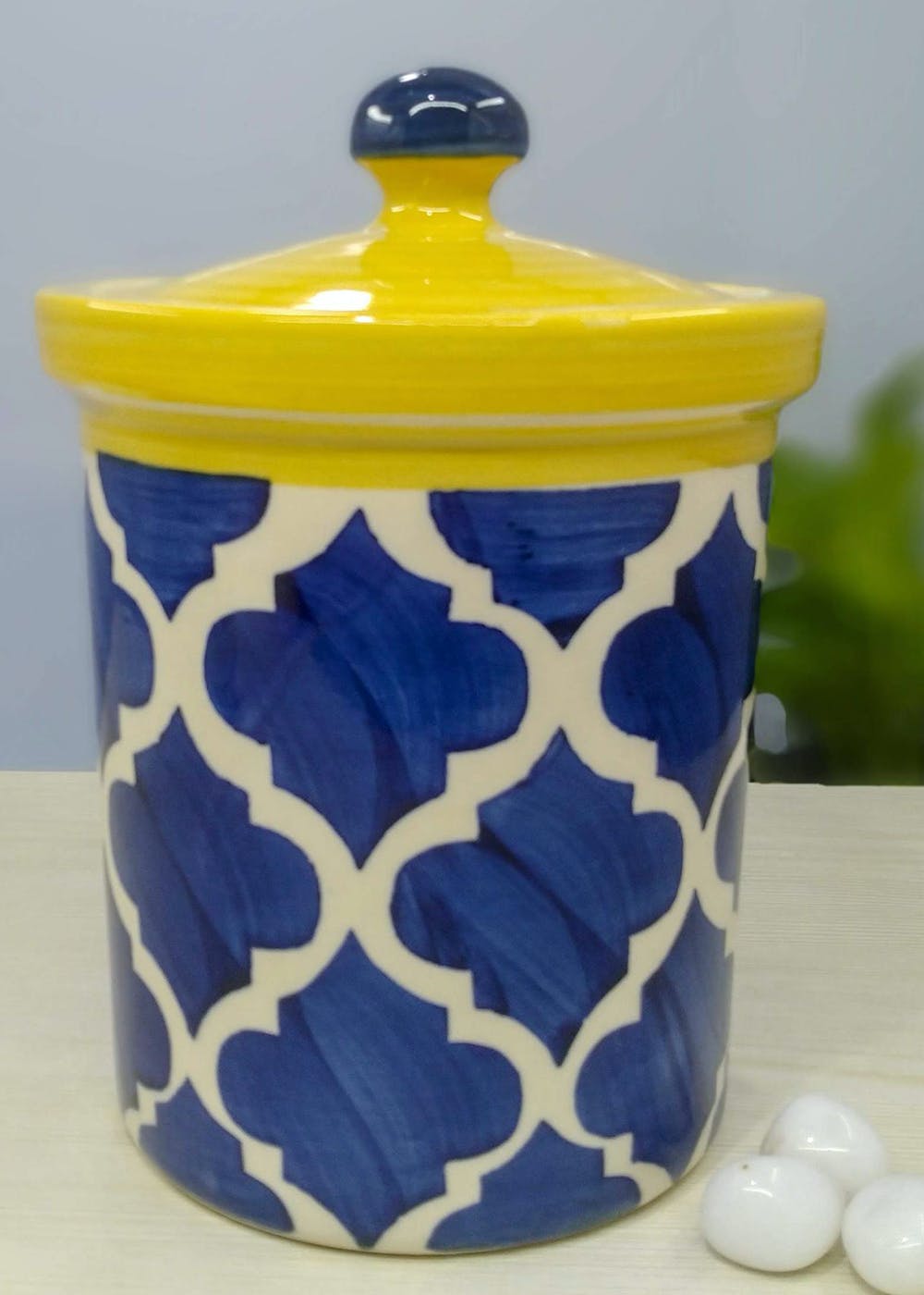 Get Handcrafted Yellow And Blue Multipurpose Ceramic Food Storage Jar ...