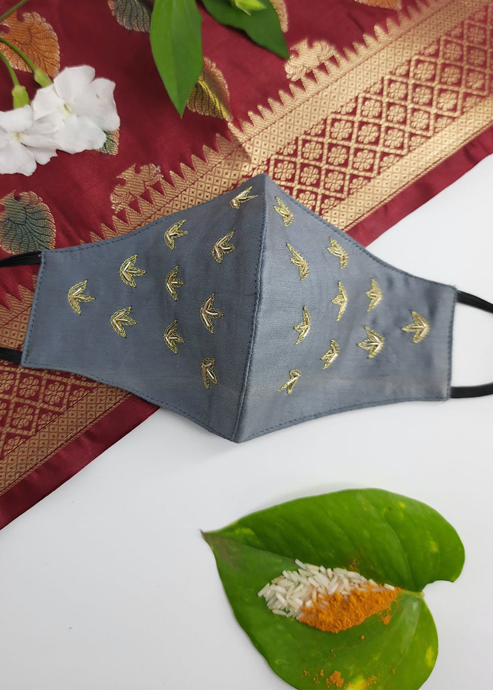 Get Gold Floral Motif Embroidered Grey Mask at ₹ 319 | LBB Shop