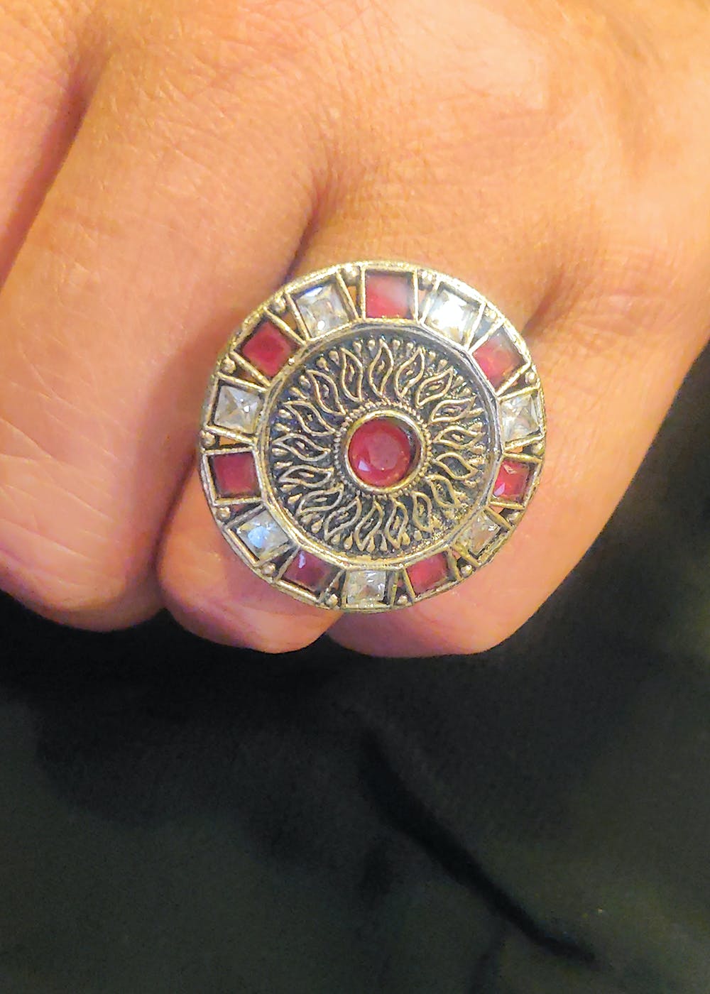 Get Round Stone Studded Oxidised Silver Ethnic Red Ring at ₹ 629 | LBB Shop