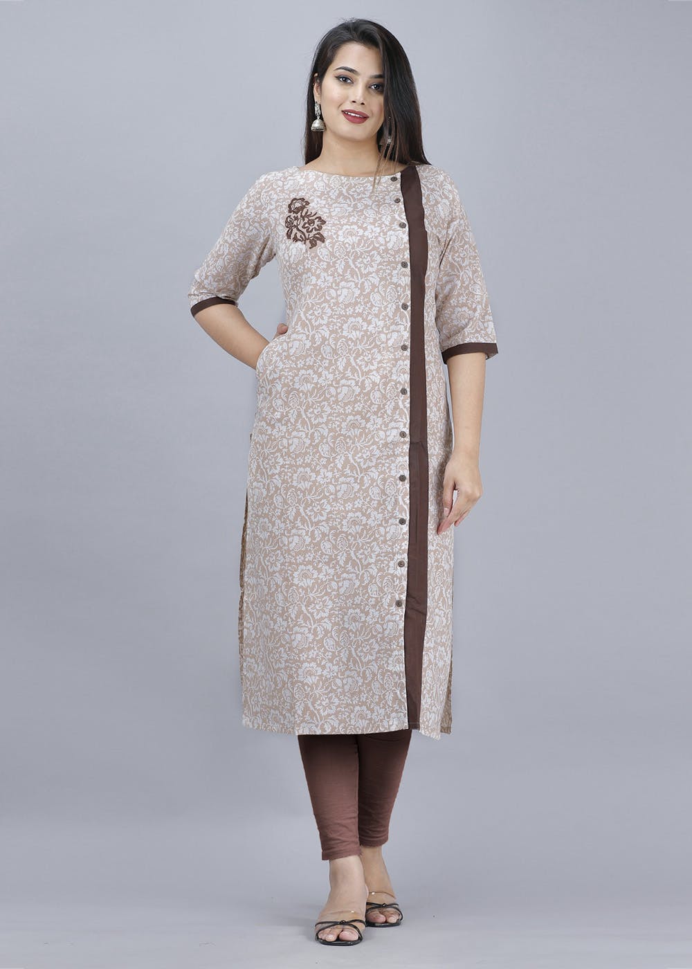 Get Side Placket & Panel Detail Brown Floral Printed Kurta at ₹ 999 ...