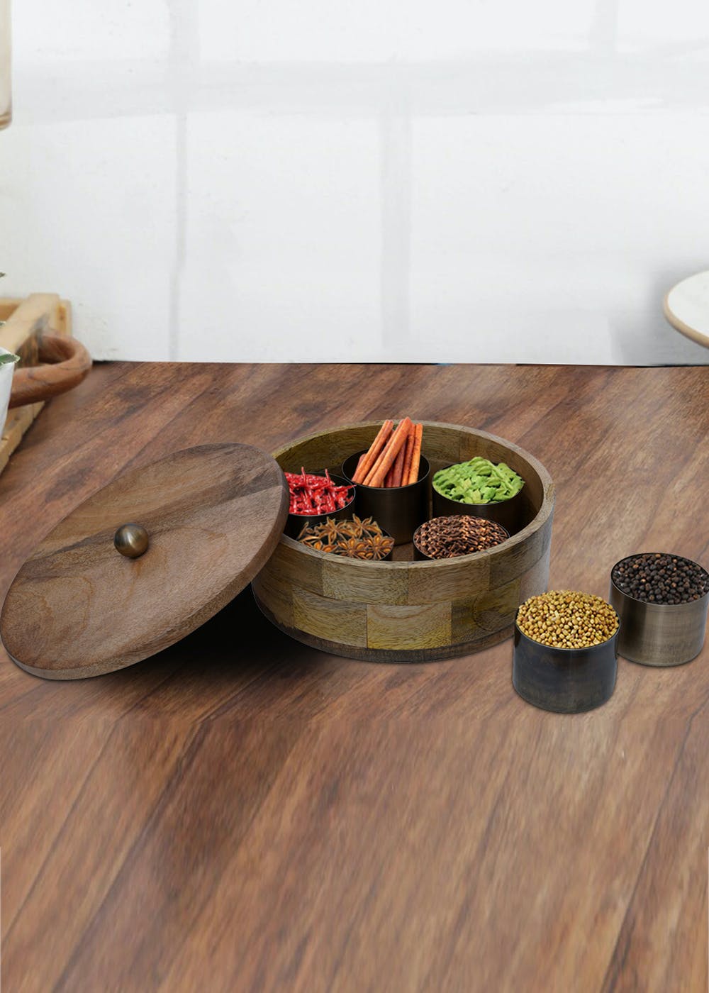 Get Mango Wood Masala Box with 7 Jars at ₹ 1976 | LBB Shop