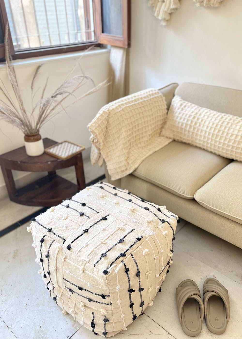 Get Handloom Looped Cotton Pouf, Natural at ₹ 1999 | LBB Shop