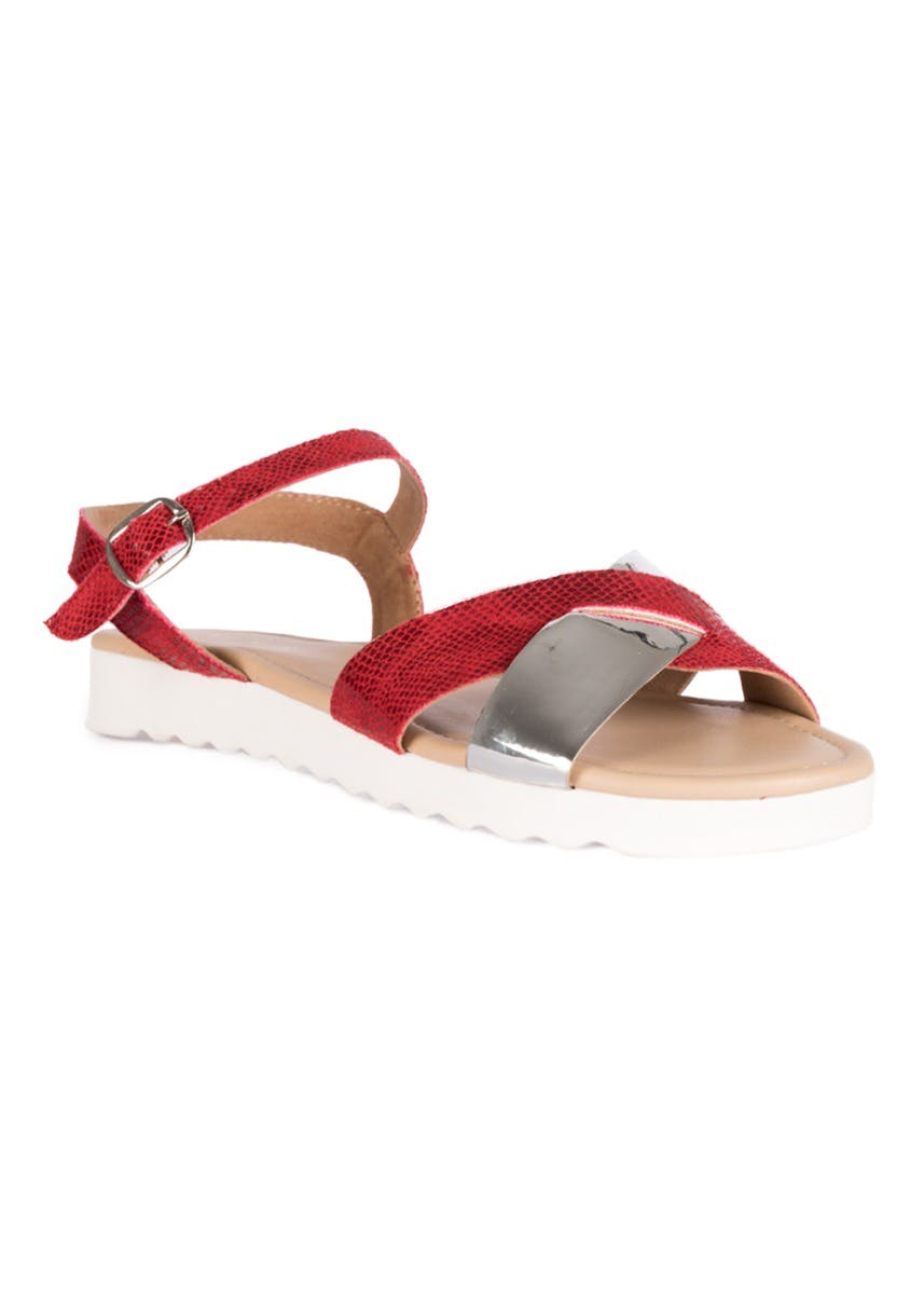 Get Textured Red & Metallic Silver Buckled Sandals at ₹ 909 | LBB Shop
