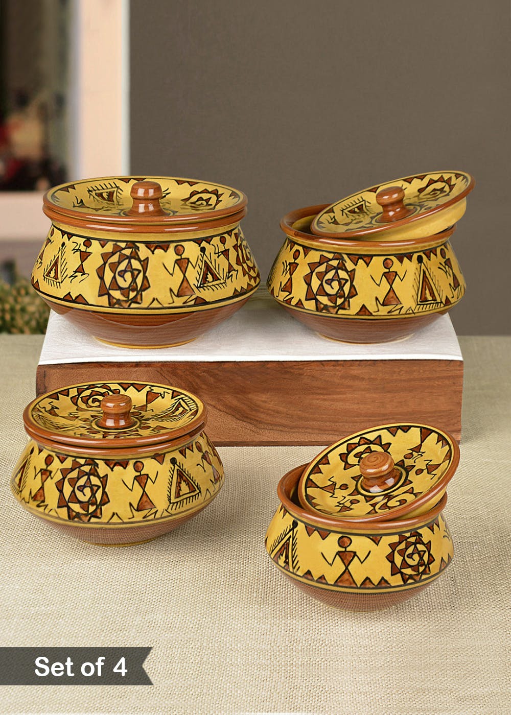 Get Hand Painted Worli Art Ceramic Handi Set with Lid - Set of 4 at ...