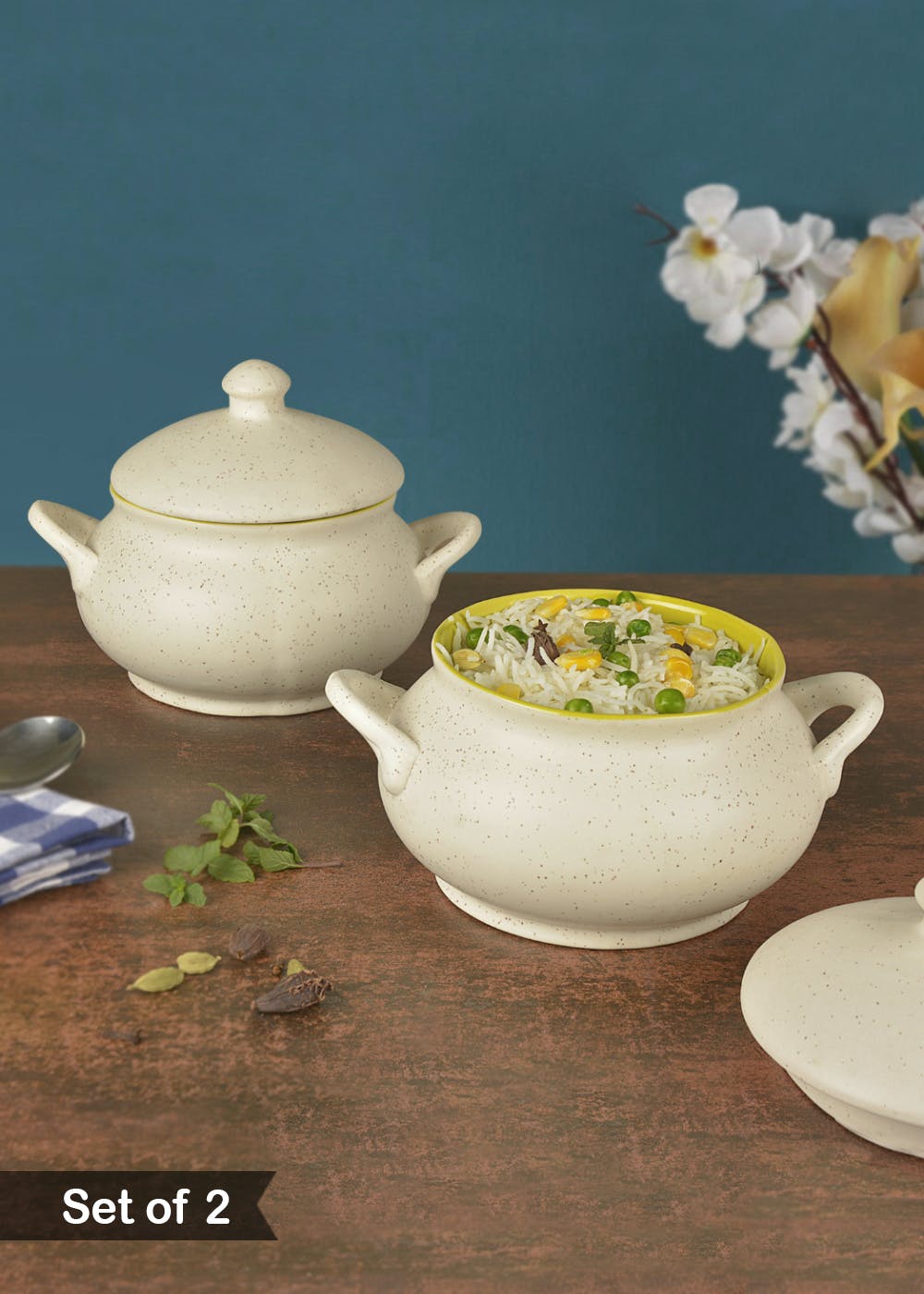 Get White And Grren Matt Ceramic Serving Donga with Lid - Set of 2 at ...